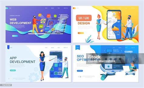 페이지 서식 파일을 웹 및 애플 리 케이 션 개발 ui ux 디자인 검색 엔진 최적화에 대 한 방문의 집합입니다 그래픽 사용자