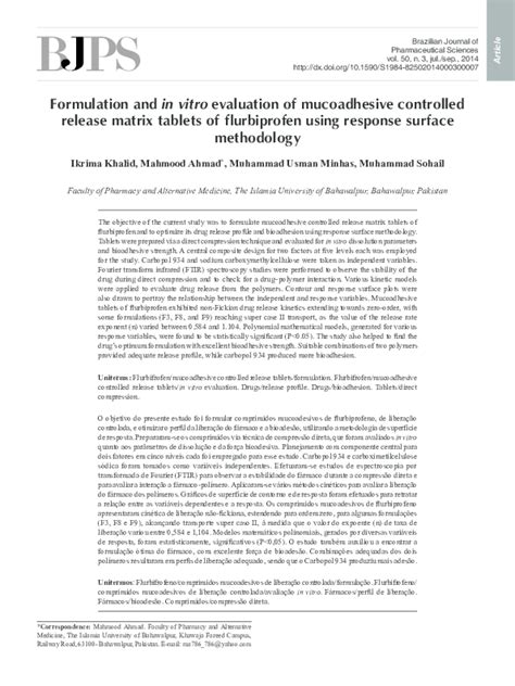 Pdf Formulation And In Vitro Evaluation Of Mucoadhesive Controlled Release Matrix Tablets Of
