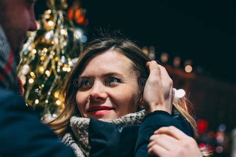 Real Young Couple Walking Together In Night City Kissing And Sm Stock