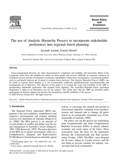 Pdf The Use Of Analytic Hierarchy Process To Incorporate Stakeholder Preferences Into Regional