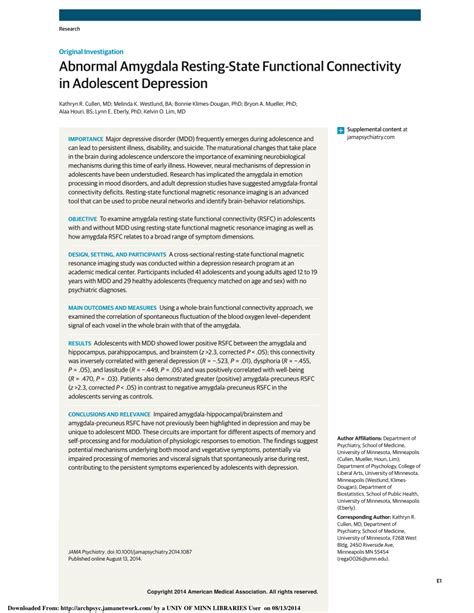 Pdf Abnormal Amygdala Resting State Functional Connectivity In Adolescent Depression