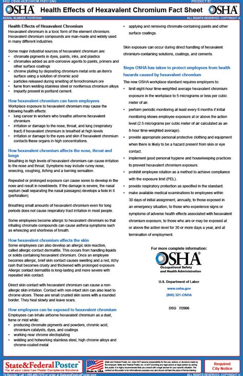 Osha Health Effects Of Hexavalent Chromium Fact Sheet — State And Federal Poster