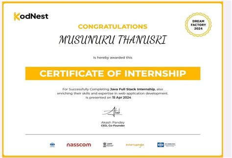 Musunuru Thanusri On Linkedin Kodnest Java Internship Dream Pvpsit