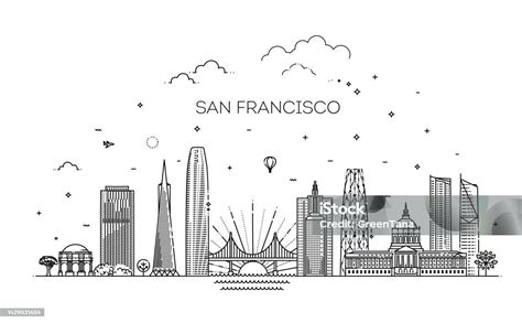 샌프란시스코 건축 라인 스카이 라인 일러스트레이션 유명한 랜드 마크가있는 선형 벡터 도시 풍경 샌프란시스코 캘리포니아에 대한 스톡 벡터 아트 및 기타 이미지 Istock