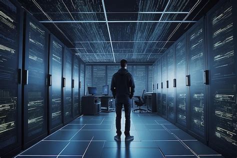 data processing digital technology internet network concept computer programmer working on big