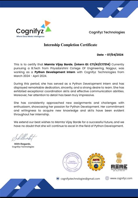 Completed A One Month Internship At Cognifyz Technologies Mamta Barde Posted On The Topic