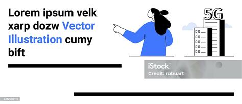 자리 표시자 텍스트와 검은 선이 있는 5g 건물을 가리키는 여성 Lorem Ipsum에 대한 스톡 벡터 아트 및 기타 이미지 Lorem Ipsum 가리키기 개념