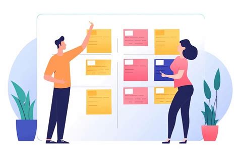 Premium Photo Kanban Board Concept Man And Woman Collect Colorful Paper AI Generated