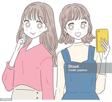 두 명의 청 녀 들이 서로를 바라보 며 눈을 바라보 고 있습니다 그녀는 스마트 폰을가지고 있다 20 29세에 대한 스톡 벡터 아트 및 기타 이미지 Istock