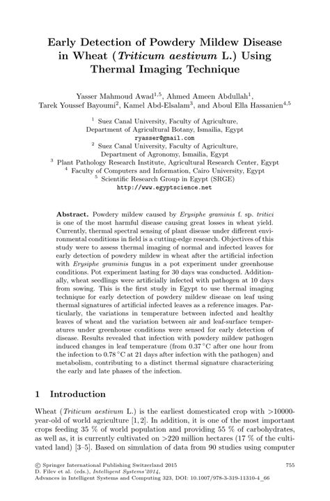 Pdf Early Detection Of Powdery Mildew Disease In Wheat Triticum Aestivum L Using Thermal