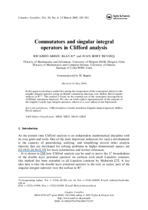 Pdf Commutators And Singular Integral Operators In Clifford Analysis