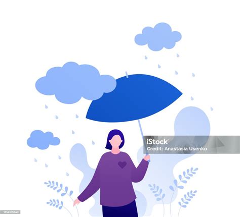 심리학 감정과 계절 날씨 개념 벡터 플랫 피플 일러스트레이션 우산을 쓰고 있는 여성 캐릭터는 하트 모양으로 비가 내리는 가운데 홀로 서 있습니다 정신 건강 배너 웹을 위한