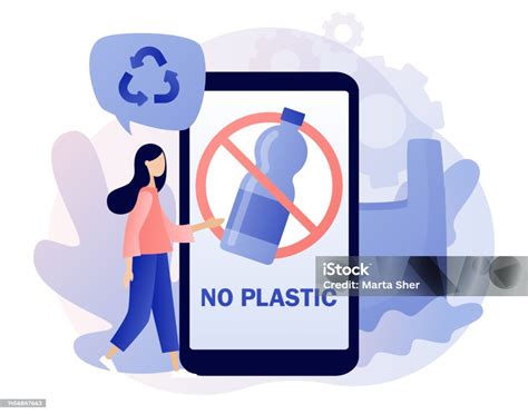 스마트 폰 화면에 플라스틱 기호가 없습니다 플라스틱 쓰레기에 반대하는 작은 사람들 오염을 줄입니다 환경 개념입니다 현대 평면 만화 스타일입니다 흰색 배경에 벡터 그림 가방에