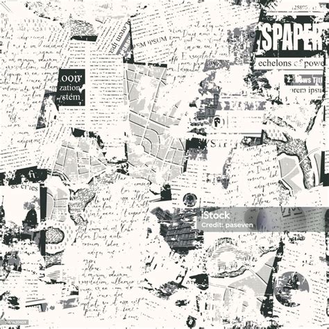 신문이나 잡지의 콜라주와 지도 스크랩이 있는 매끄러운 패턴 배경 주제에 대한 스톡 벡터 아트 및 기타 이미지 배경 주제 신문 고풍스런 Istock