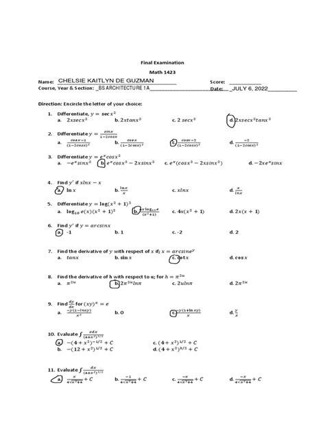 Final Examination Math 1423 1 Pdf Arithmetic Subtraction