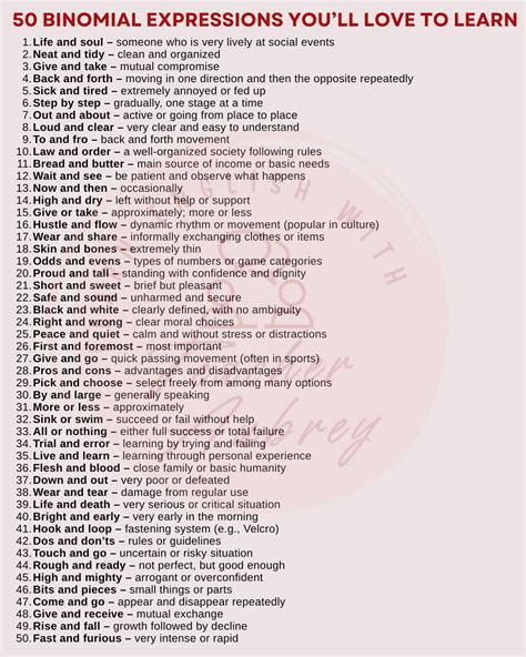 Learn 50 Binomial Expressions Youll Love To Learn 📝 Learnenglishwithteacheraubrey