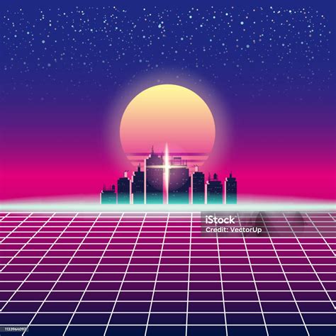 도시 태양 별과 스타일 레이저 그리드와 레트로 미래의 풍경 Synthwave 네온 Retrowave 디자인 및 요소 공상 과학 80s 90 년대 공간 벡터 일러스트 레이 션