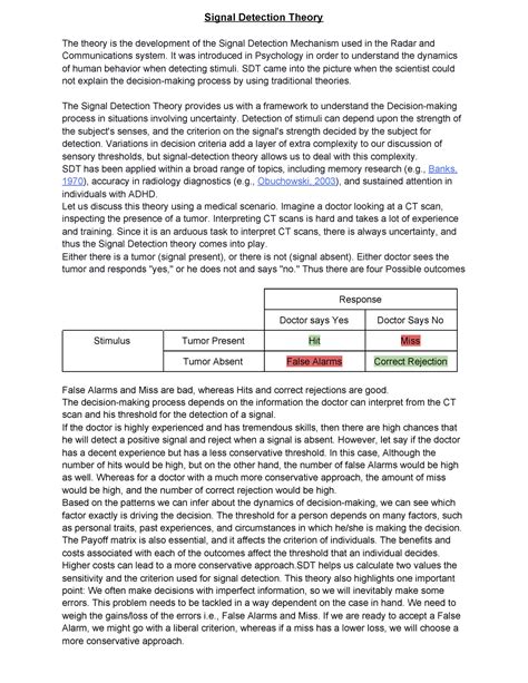 Signal Detection Theory It Was Introduced In Psychology In Order To Understand The Dynamics Of