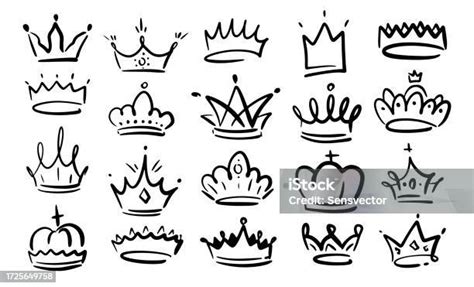 낙서 크라운 선형 아이콘 세트 라인 아트 왕 또는 여왕 왕관 스케치 로얄 헤드 액세서리 컬렉션 동료 왕관을 쓴 머리 티아라