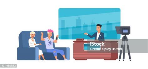 텔레비전 라이브 토크쇼 Tv 스튜디오에서 인터뷰 녹음 연예인이 발표자와 채팅 방송 보도 면접관이 유명 인사들과 소통합니다 벡터 엔터테인먼트 인터뷰 이벤트에 대한 스톡 벡터