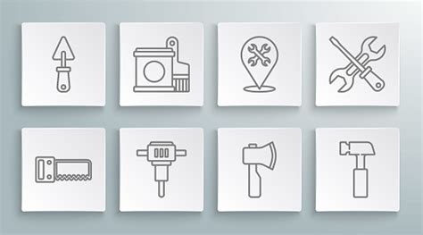 라인 손톱 페인트 통 브러시 건설 착암기 나무 도끼 망치 렌치 위치 드라이버 및 흙손 아이콘을 설정합니다 벡터 갈고리 발톱에 대한 스톡 벡터 아트 및 기타 이미지 Istock