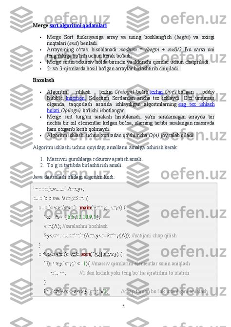 Mergesort Algoritmialgoritmning Murakkabligini Tahlil Qilish