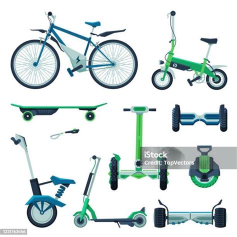 개인 친환경 전기 대체 교통 컬렉션 세그웨이 자이로 스쿠터 전기 자전거 모노 휠 차량 벡터 일러스트 교통수단에 대한 스톡 벡터 아트 및 기타 이미지 Istock