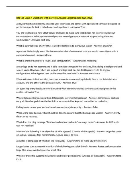 ITN 101 Exam 4 Questions With Correct Answers Latest Update ITN 101 Stuvia US