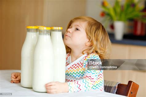 사랑 스러운 유아 여자 아침 식사 암소 우유를 마시는 병이 많은 귀여운 아기 딸 건강 한 아이 칼슘 소스로 우유를가지고 아침에