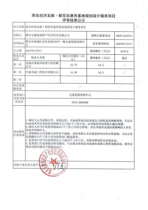 雅安市交通建设集团有限责任公司 雅安交建集团资产经营管理有限公司雨名经济走廊梨花谷康养基地规划设计服务项目采购结果公示