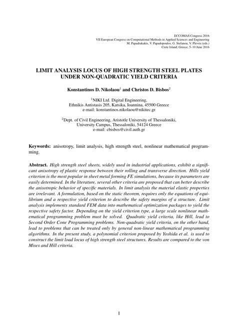Pdf Limit Analysis Locus Of High Strength Steel Plates Under Non Quadratic Yield Criteria