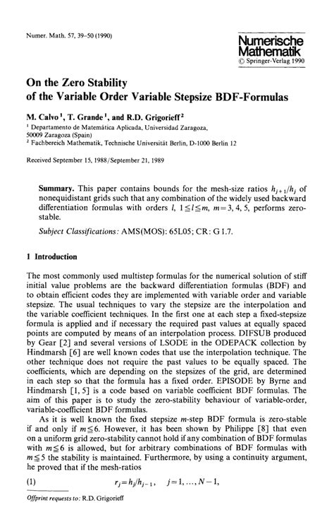 Pdf On The Zero Stability Of The Variable Order Variable Stepsize Bdf
