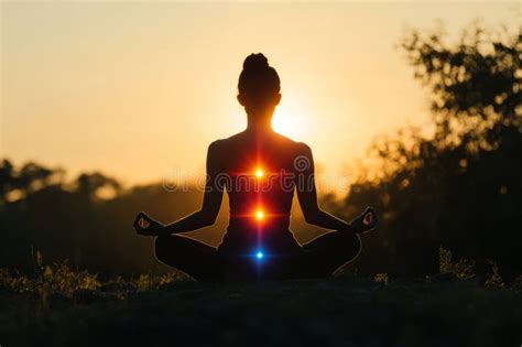 Woman Meditating In Lotus Pose With Chakras Aura Glowing Stock Image