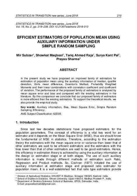 Pdf Efficient Estimators Of Population Mean Using Auxiliary Information Under Simple Random