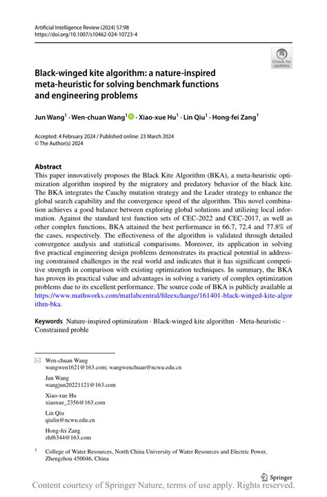 Pdf Black Winged Kite Algorithm A Nature Inspired Meta Heuristic For Solving Benchmark