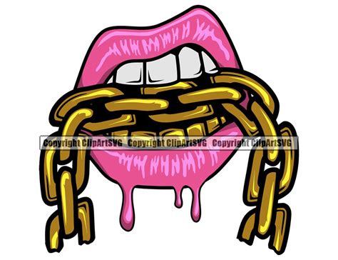 Sexy Lips Bite Big Gold Chain Teeth Mouth Mask Woman Female Girl Beauty Makeup Gloss Sex Art