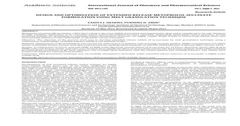 Pdf Design And Optimisation Of Extended Release Metoprolol Succinate Formulation Using