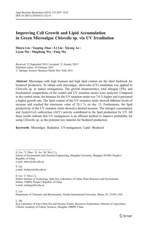 Pdf Improving Cell Growth And Lipid Accumulation In Green Microalgae Chlorella Sp Via Uv