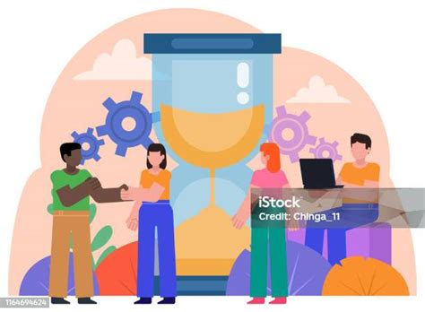 시간 관리 마감 개념 사람들은 큰 모래 시계 근처에 서 있다 소셜 미디어 웹 페이지 배너 프리젠 테이션포스터 개념에 대한 스톡 벡터 아트 및 기타 이미지 Istock