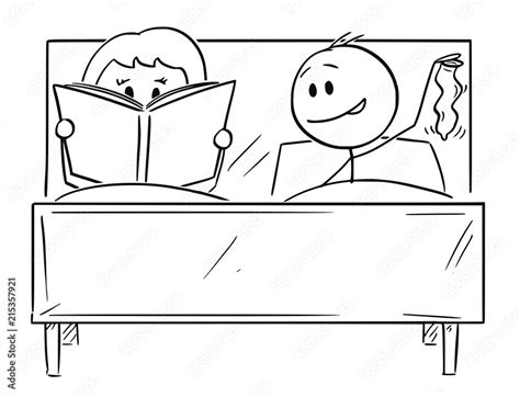 Cartoon Stick Drawing Conceptual Illustration Of Couple In Bed Man Wants Sexual Intercourse