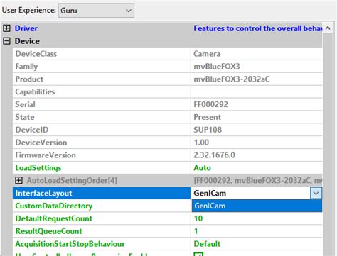Impact Acquire SDK GUI Applications Changing The Interface Layout To GenICam Or DeviceSpecific