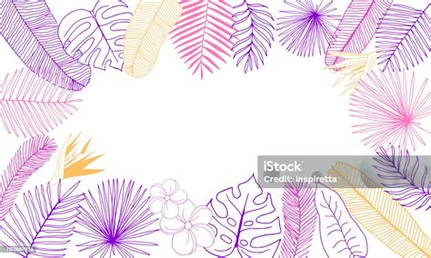 열 대의 프레임은 중앙에 빈 공간이 있는 흰색 배경에 보라색 분홍색 및 주황색 단풍을 손으로 그린 윤곽을 남긴다 야자 나무