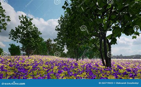 It`s Raining The Grass Is Growing Flowers And Trees 3d Stock