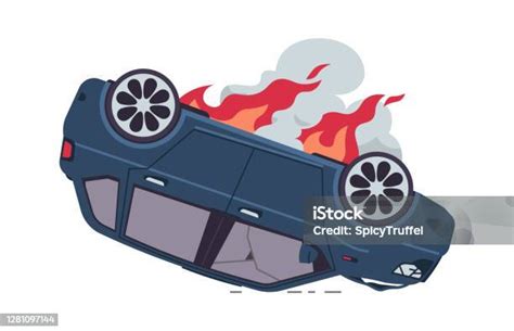 불타는 차 자동차 충돌 자동차 사고 화재 깨진 창문과 어두운 연기와 반전 자동차 손상된 차량 포스터 견인 트럭 광고 벡터 도로 교통 격리 일러스트레이션 차에 대한 스톡 벡터