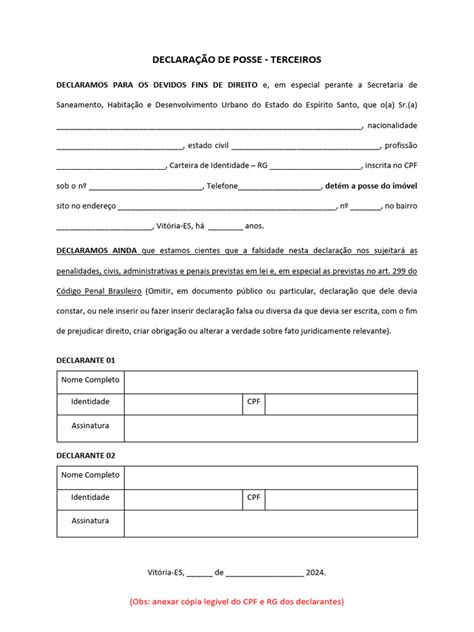 Modelo Declaração De Posse Terceiros Pdf Modelo Declaração De Posse Terceiros Pdf