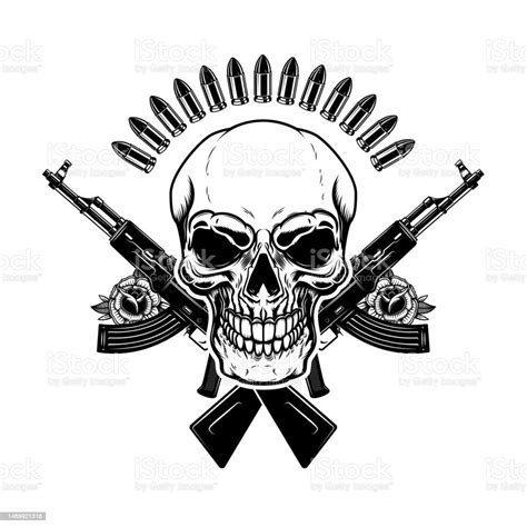 교차 돌격 소총을 가진 두개골의 그림 라벨 기호 엠블럼에 대한 디자인 요소 벡터 그림 Ar 15 소총에 대한 스톡 벡터 아트 및