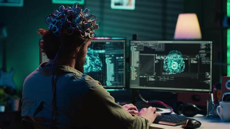 Engineer With EEG Headset On Programming Brain Transfer Into Computer Virtual World Merging