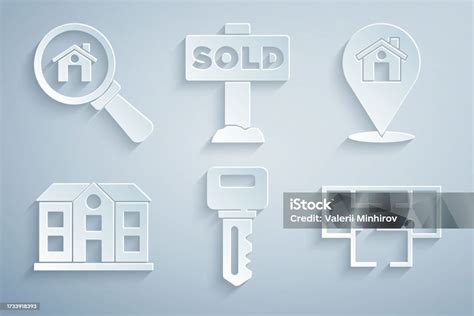 집 열쇠 집이 있는 위치 계획 매달린 기호 텍스트 판매 및 검색 아이콘을 설정합니다 벡터 3차원 형태에 대한 스톡 벡터 아트 및