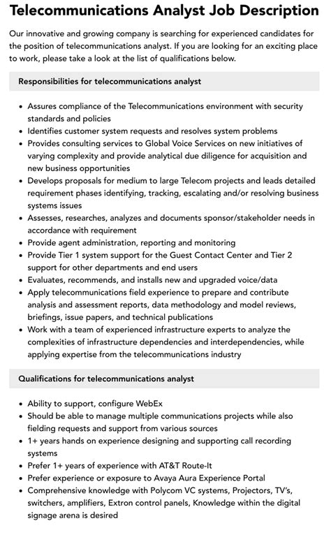 Telecommunications Analyst Job Description Velvet Jobs