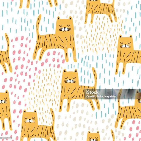 노란 고양이와 손으로 그린 질감과 만화 완벽 한 패턴 직물 섬유 의류 벽지에 대한 유치한 질감 벡터 일러스트 레이 션 귀여운에 대한 스톡 벡터 아트 및 기타 이미지 Istock